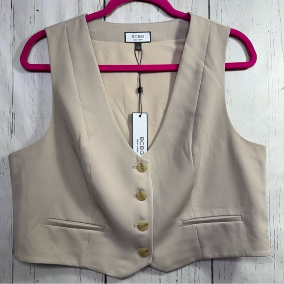 BCBG | Jackets & Coats | Bcbg New York Beige Button Front Tailored Vest ...